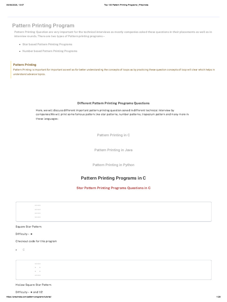 Top 100 Pattern Printing Program | PDF | Geometric Shapes | Euclid