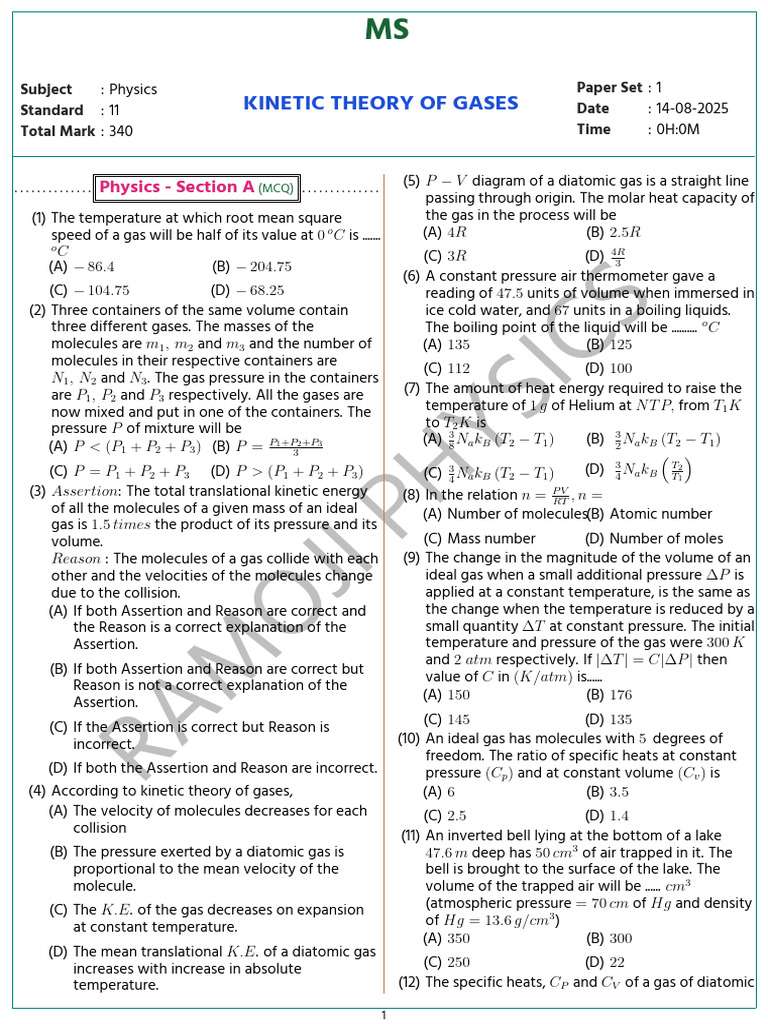 Kinetic Theory of Gases MCQs for Class 11 | PDF | Gases | Temperature