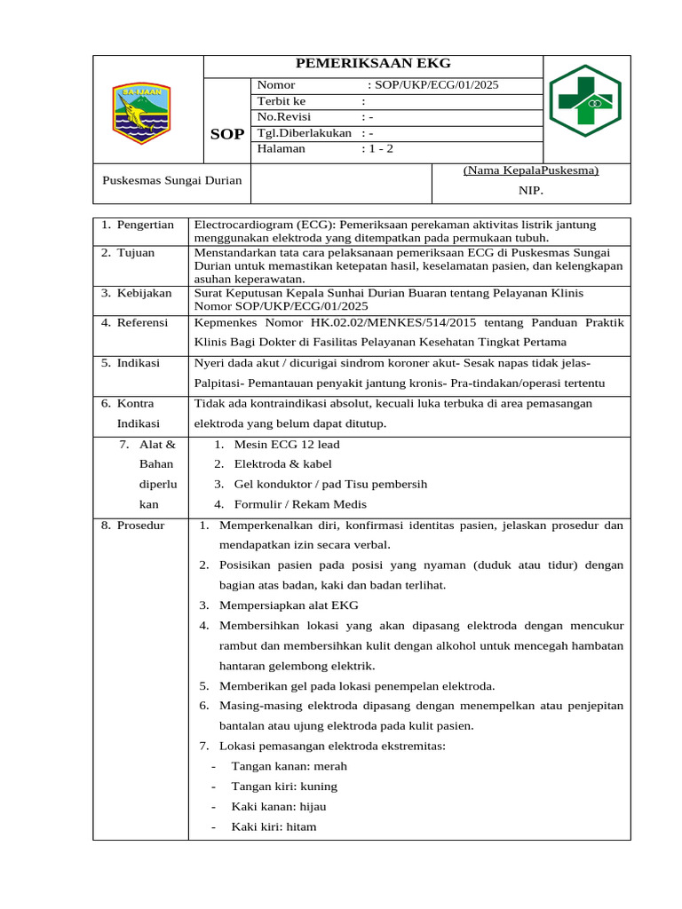 SOP Pemeriksaan EKG Puskesmas 2025 | PDF