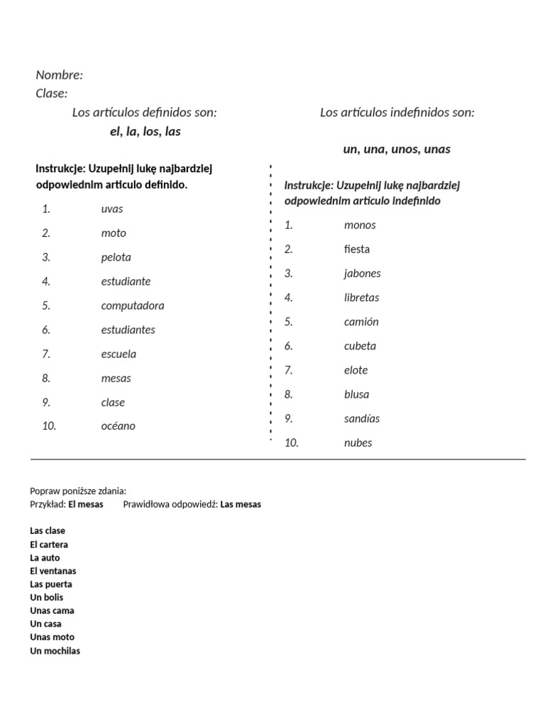 Hoja de trabajo- Artículos definidos e indefinidos | PDF