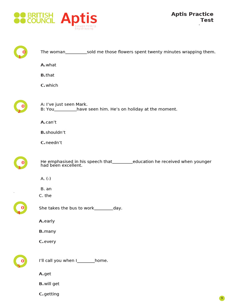 Aptis Practice Test Questions | PDF