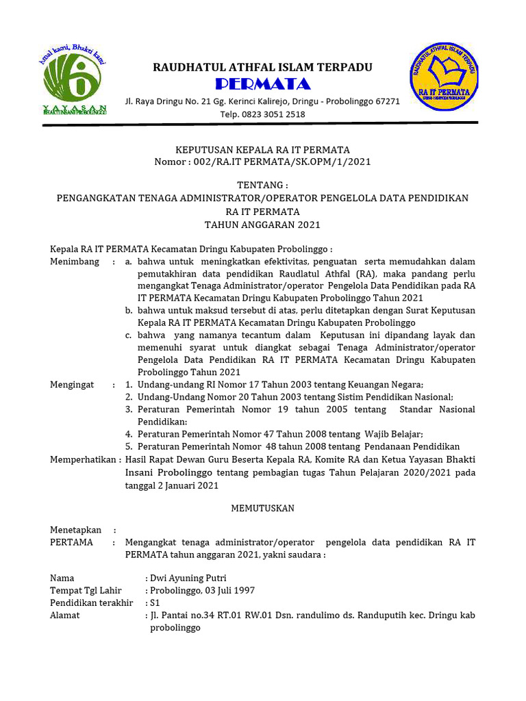 SK Operator Baru Ra It Permata 2021 | PDF