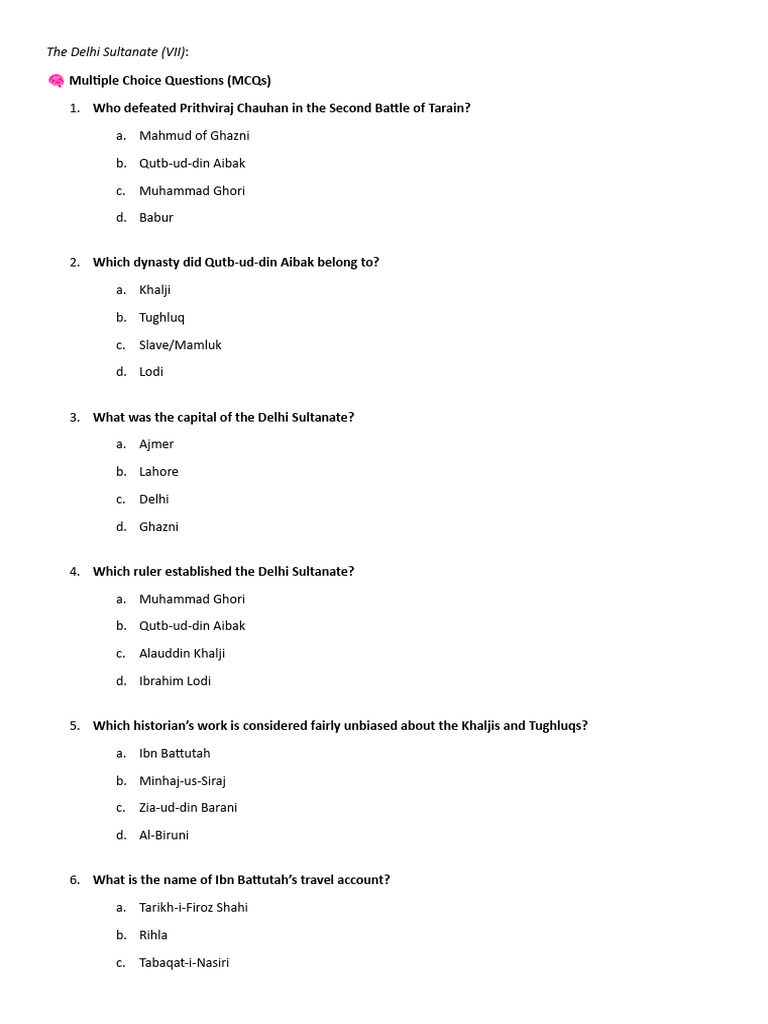 Delhi Sultanate MCQs and Answers | PDF