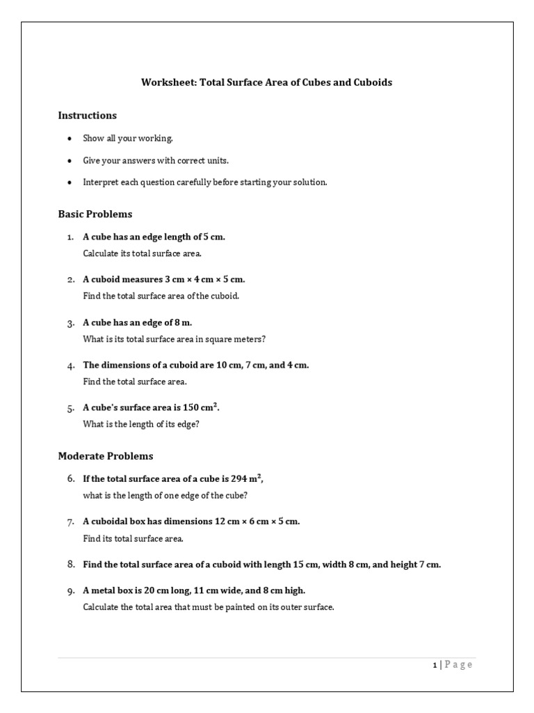 Surface Area of Cubes and Cuboids Worksheet | PDF