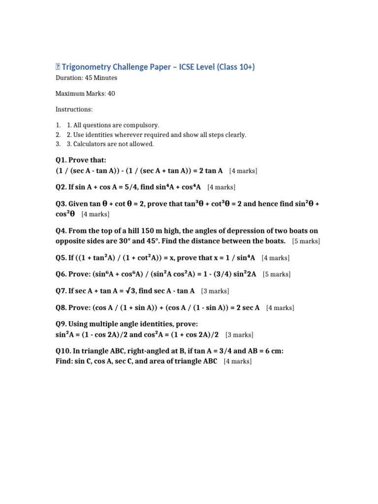 ICSE Class 10 Trigonometry Test Paper | PDF