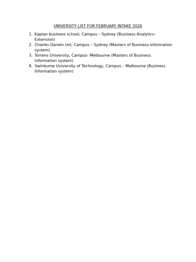 February 2026 University Intake List | PDF