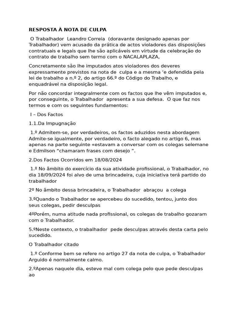 Resposta de Nota de Culpa. | PDF