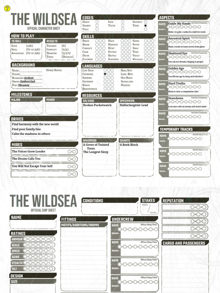 Wildsea Character and Ship Sheets | PDF