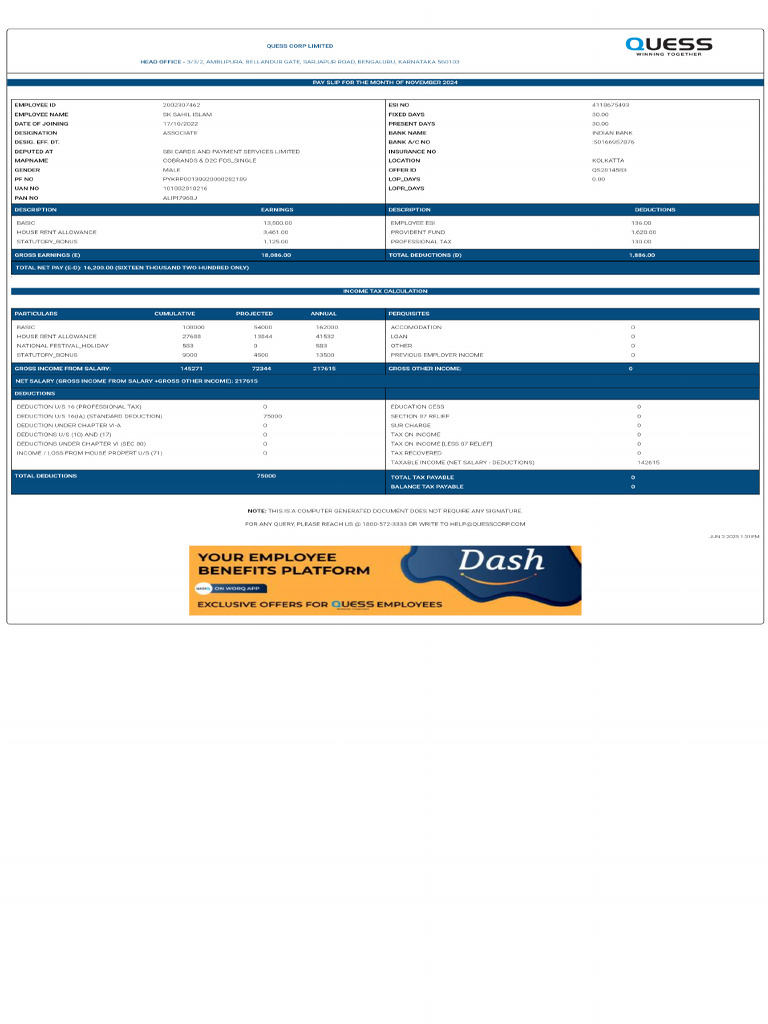 SK Sahil Islam November 2024 Salary Slip - November-2024 | PDF
