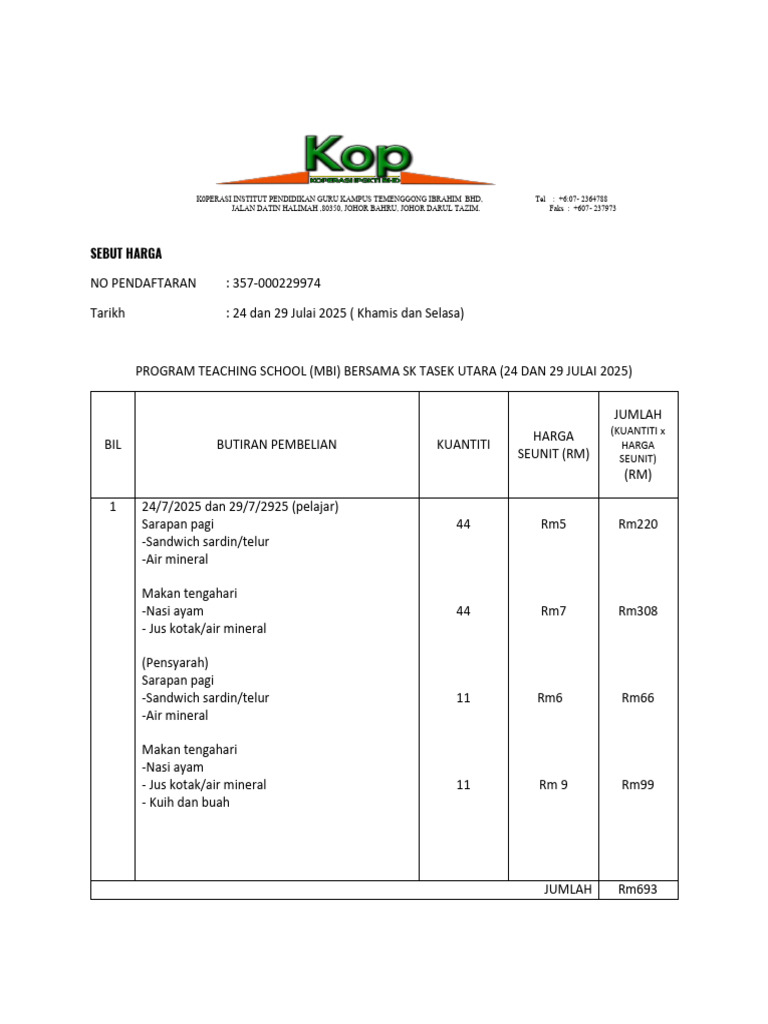 Sebut Harga Program MBI SK Tasek Utara | PDF