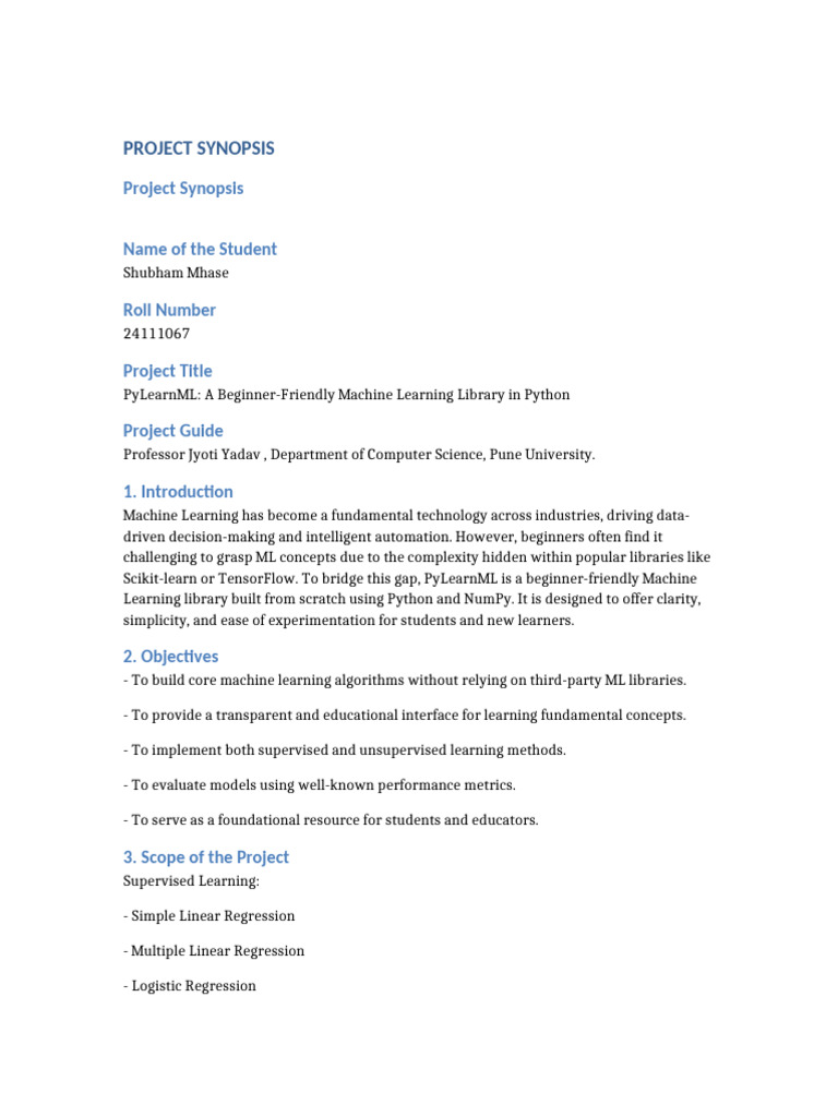 PyLearnML Project Synopsis | PDF | Machine Learning | Python (Programming Language)