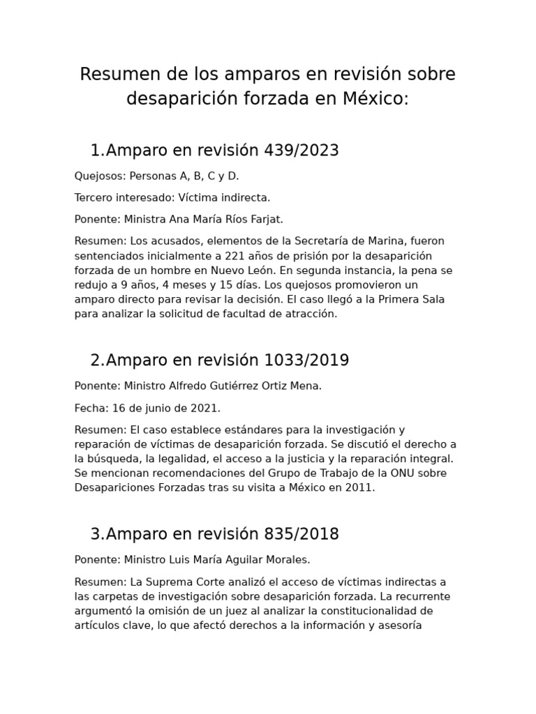 Resumen de Los Amparos en Revisión Sobre Desaparición Forzada en México ...