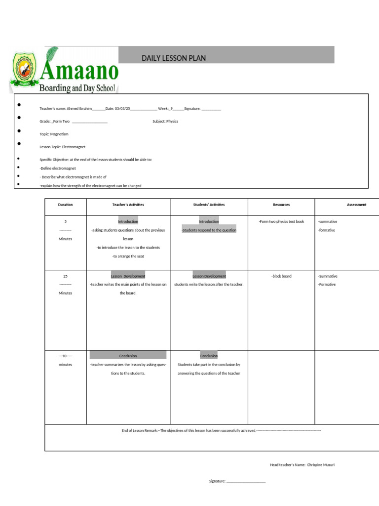 Lesson Plan Form Four Week 4 Day 2 PDF | PDF | Electromagnetism