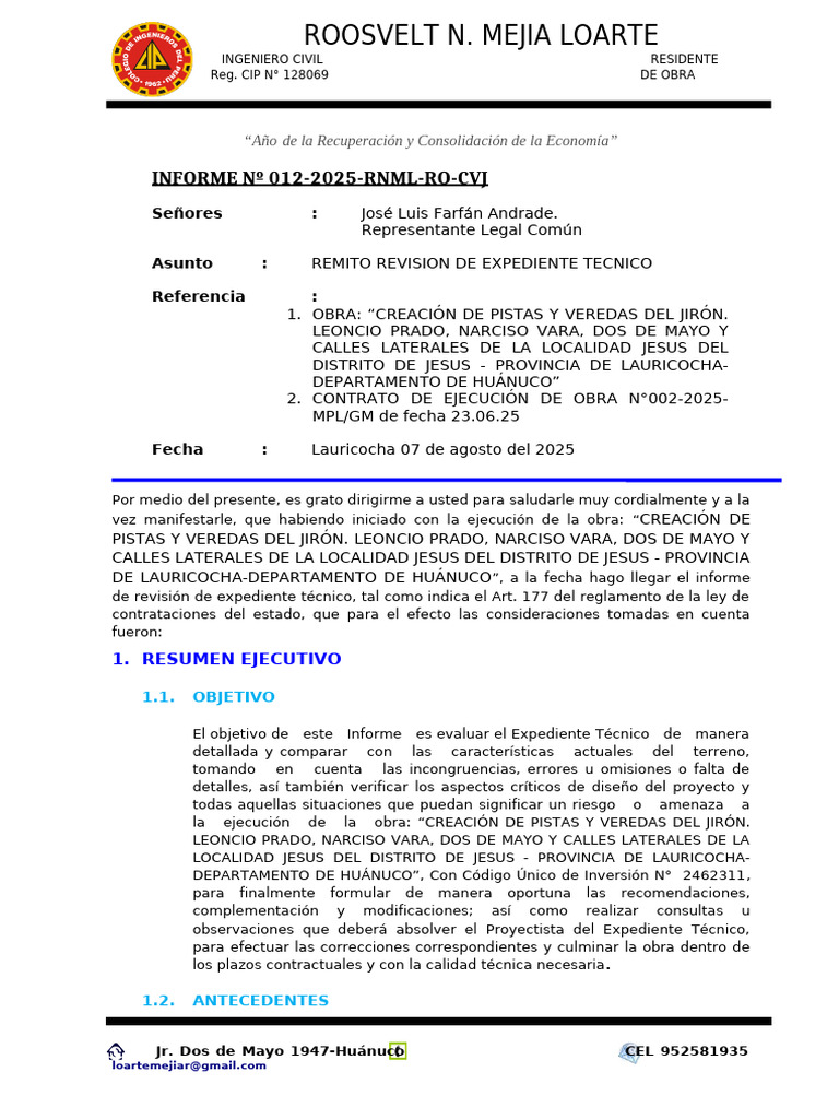 Informe N°012-2025-Rnml-Ro-Informe de Revision de Expediente Tecnico | PDF | Evaluación de ...