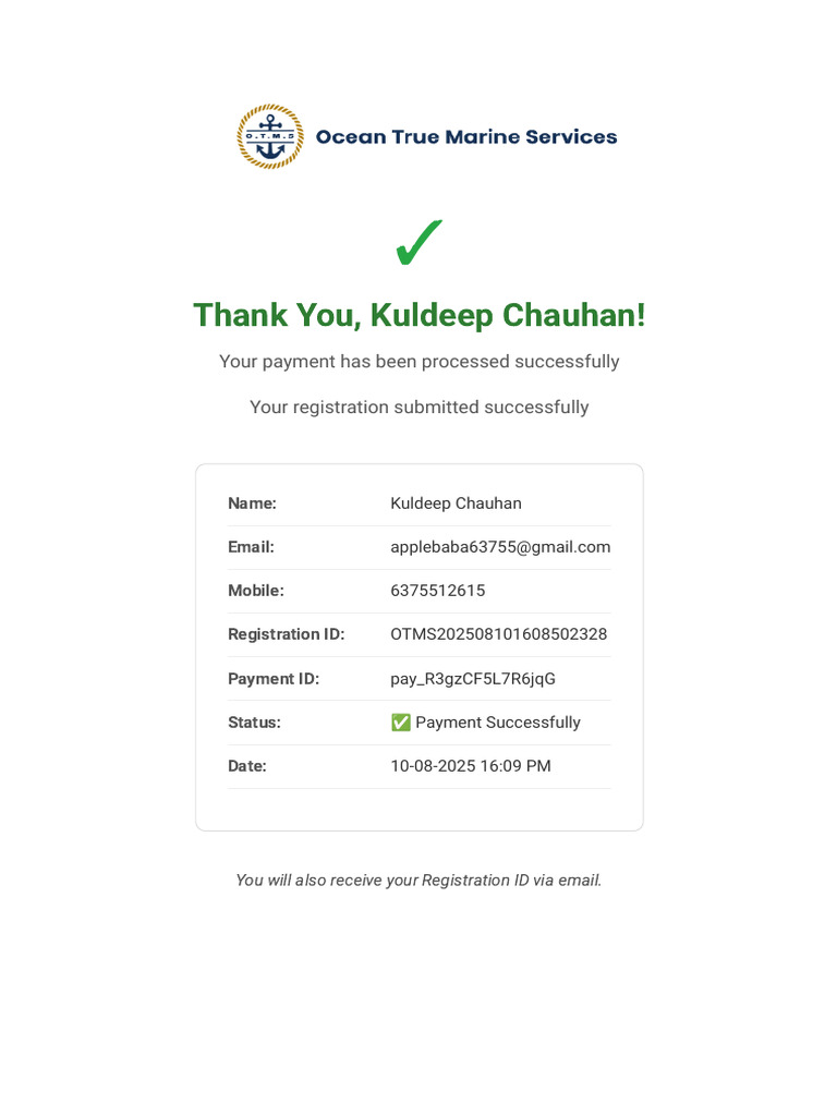 Registration Confirmation - Ocean Marine Services | PDF