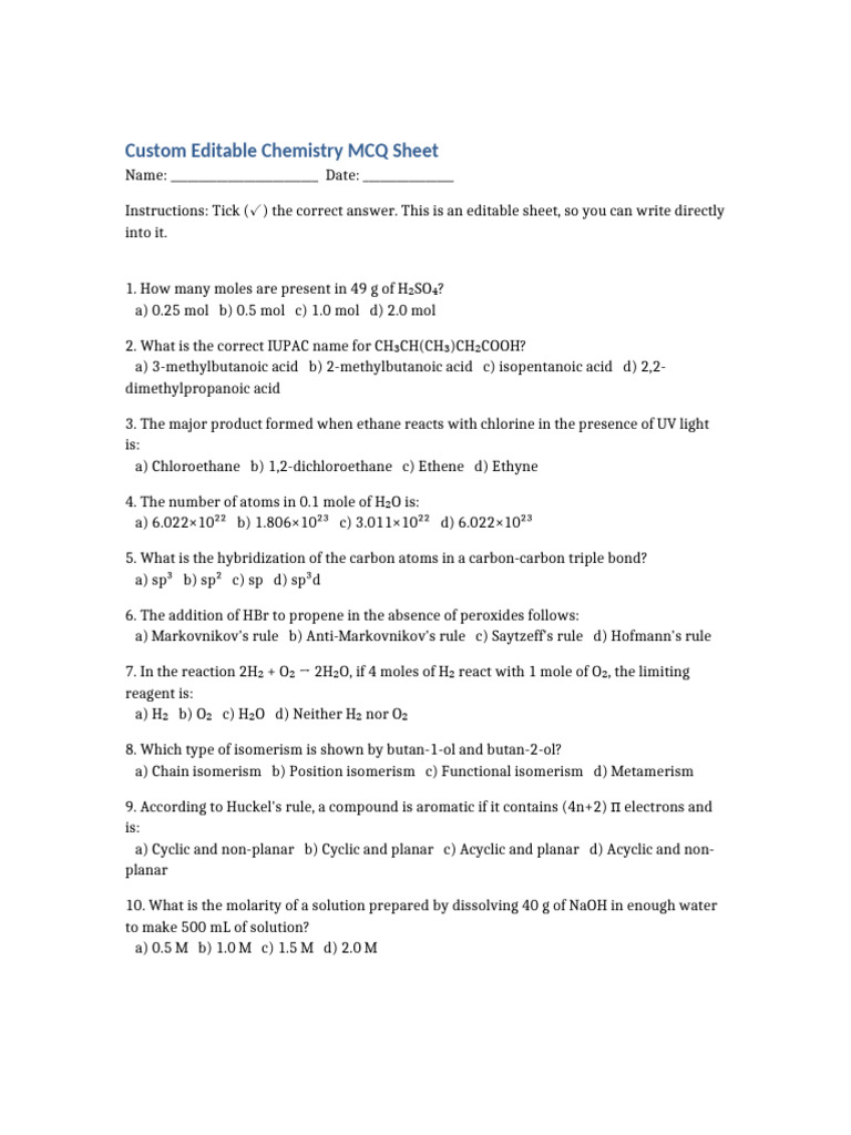 Editable Chemistry MCQ Sheet | PDF