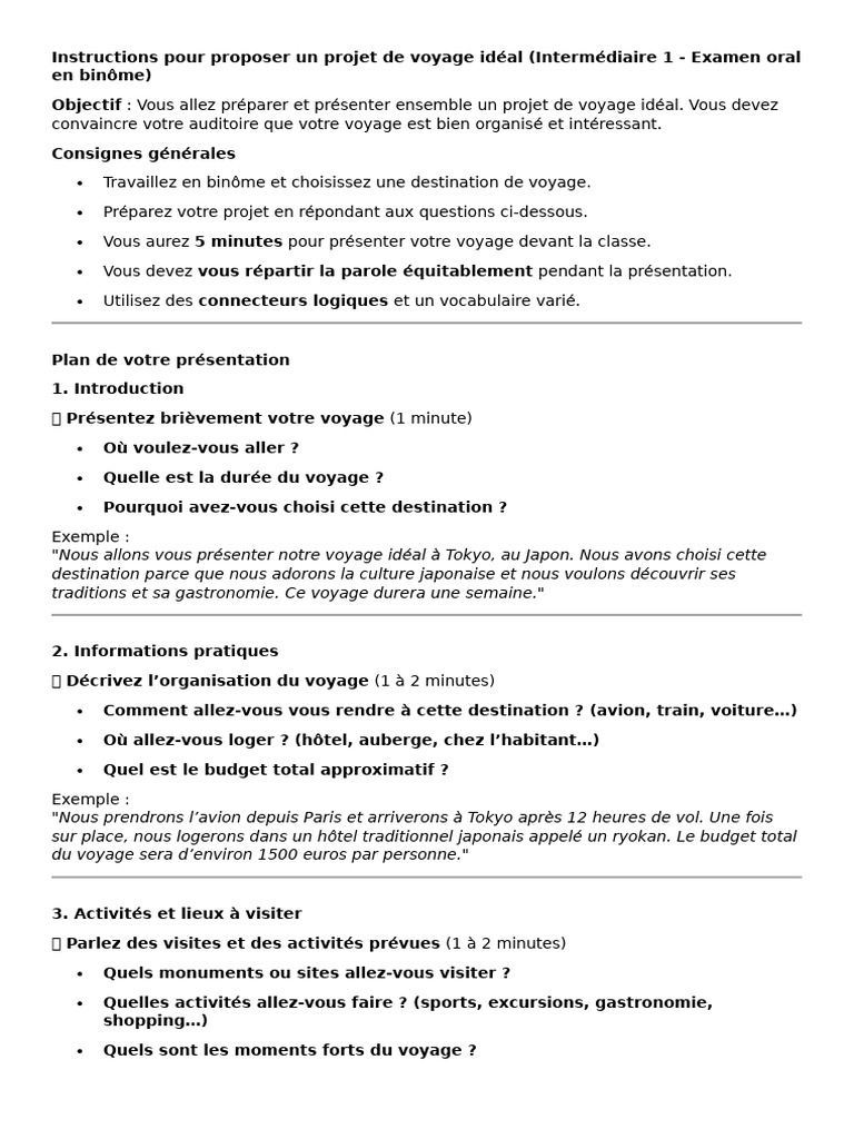 Projet de voyage idéal en binôme | PDF