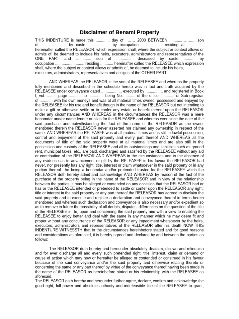Benami Property Disclaimer Agreement | PDF | Deed | Property