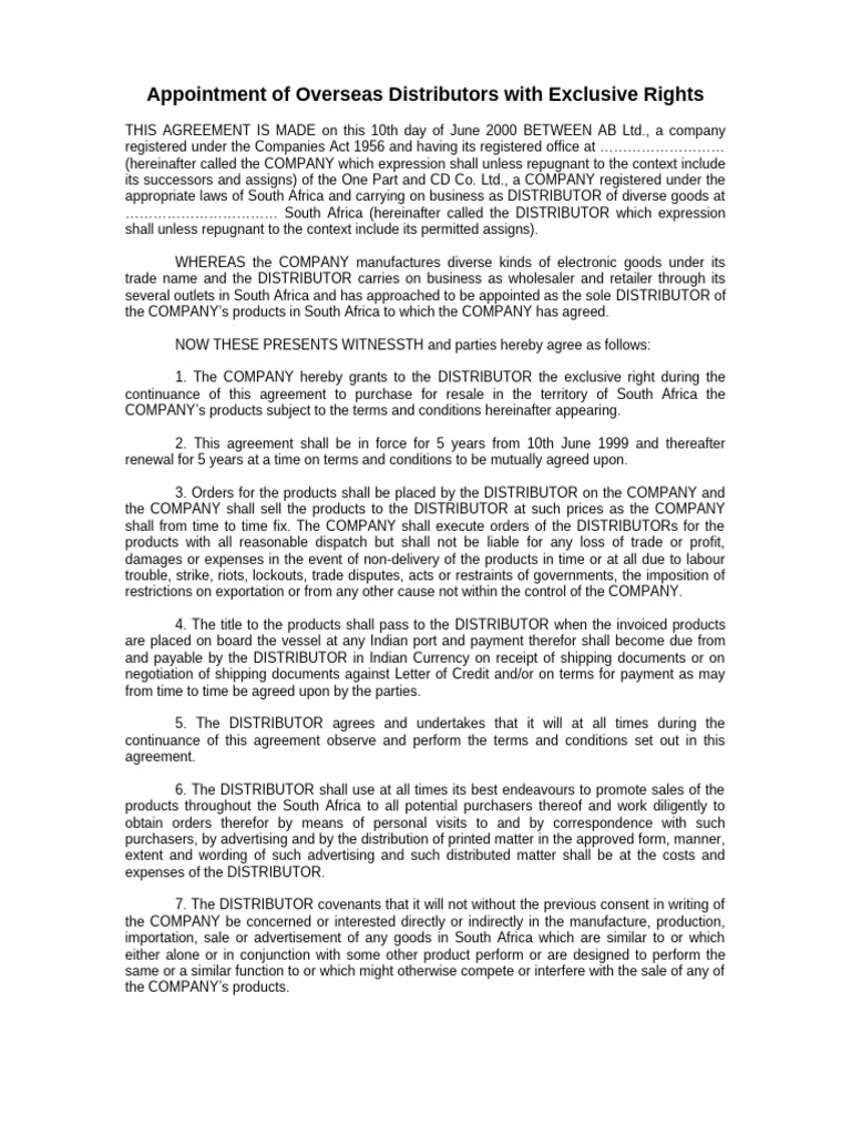 Exclusive Distributor Agreement for South Africa | PDF | Insurance ...
