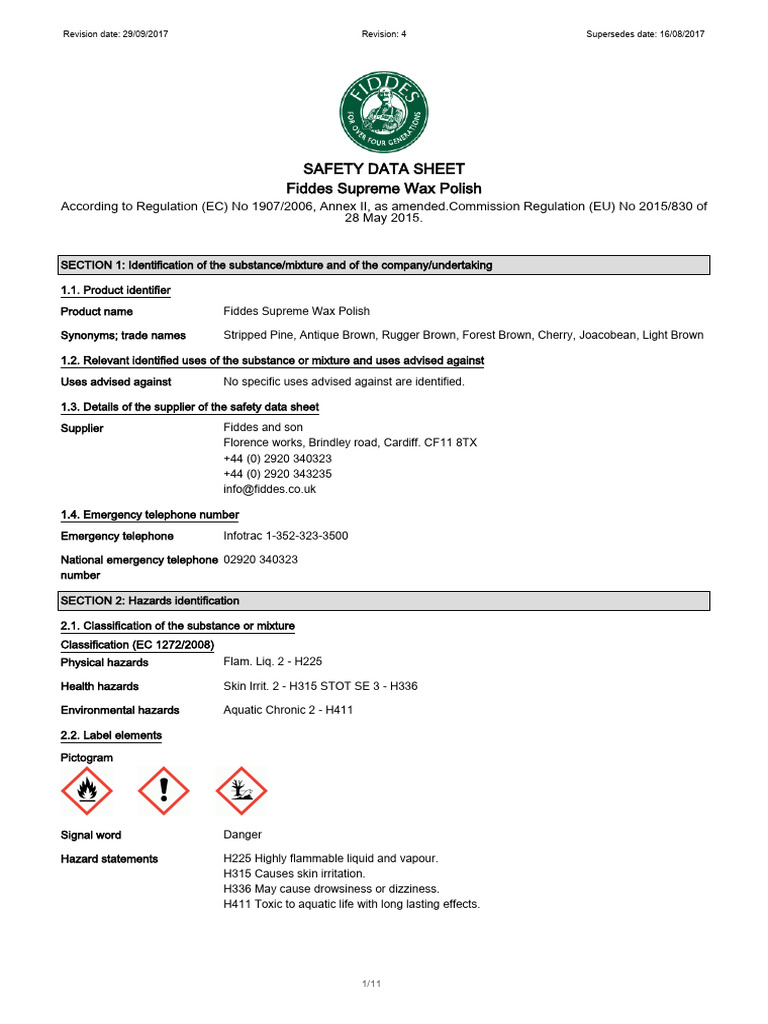 Fiddes Supreme Wax Polish Safety Data | PDF | Dangerous Goods | Toxicity