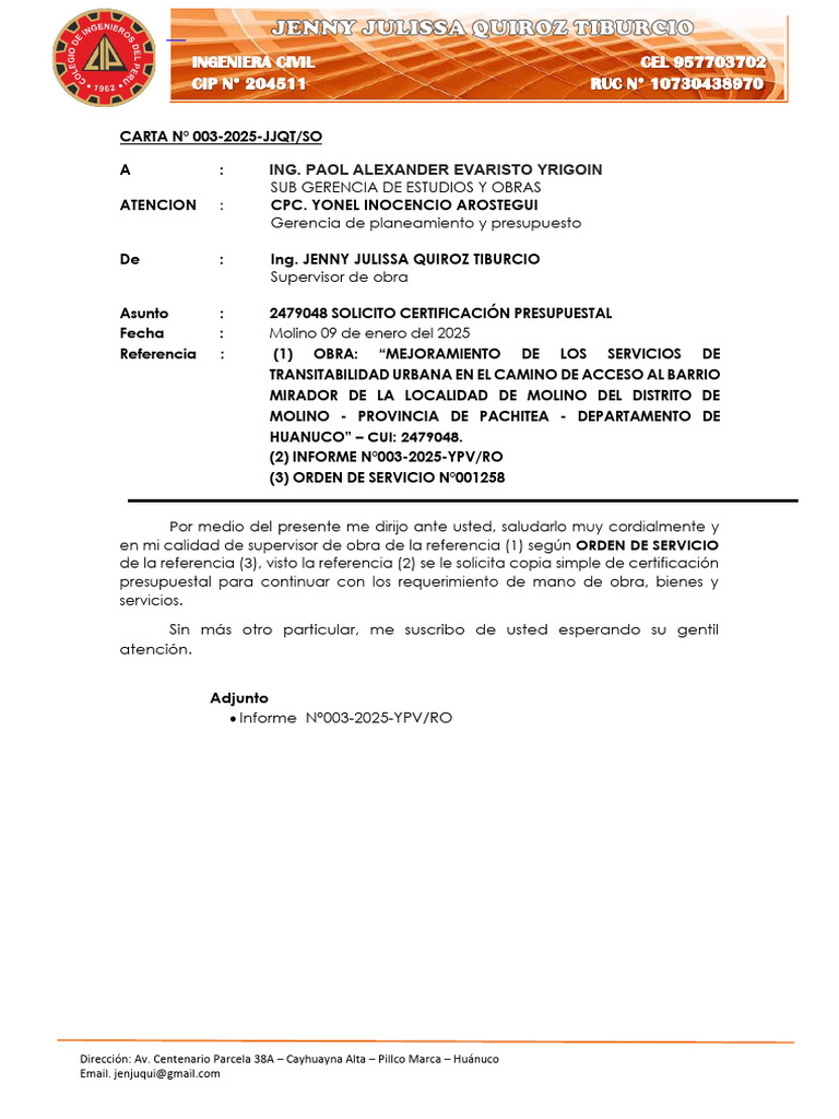 Carta N°003-2025 Solicito Cert. Presupuestal | PDF