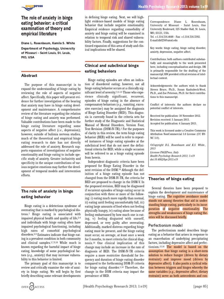 The Role of Anxiety in Binge Eating Behavior A Critical Examination of ...
