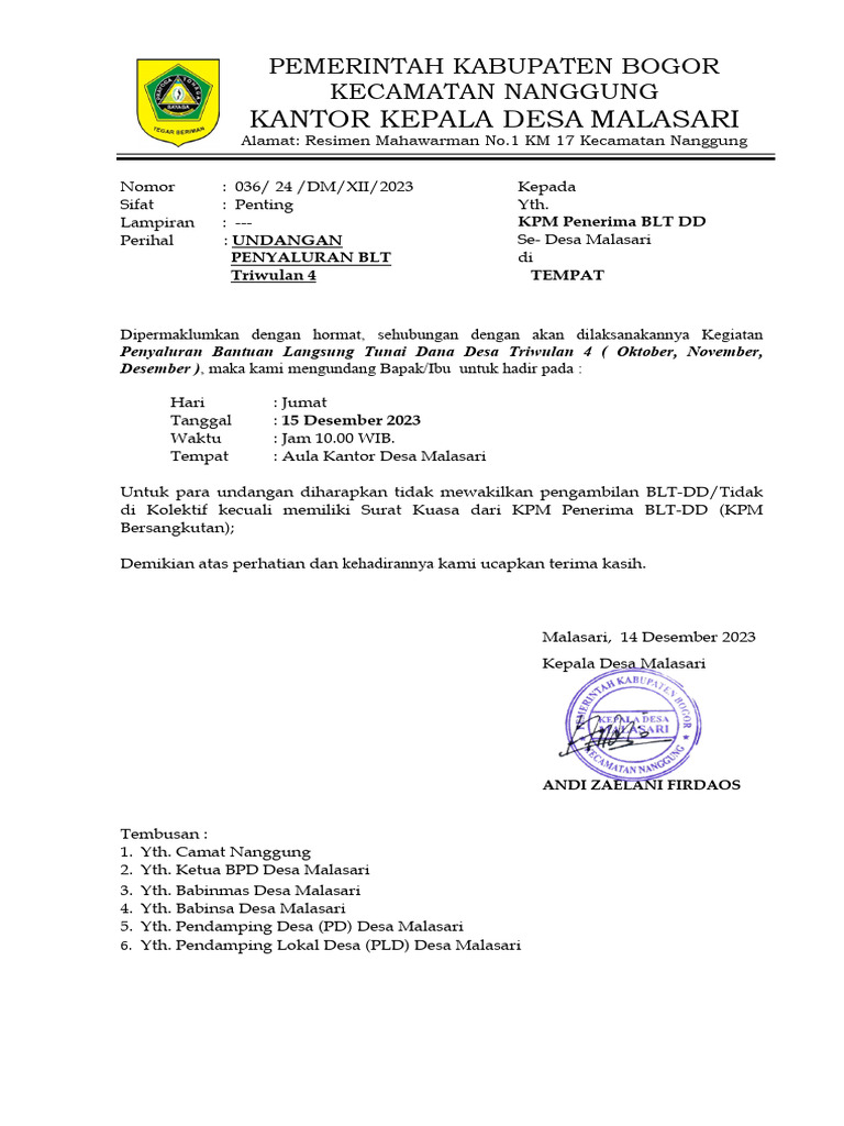 Undangan BLT DD Triwulan 4 2023 | PDF