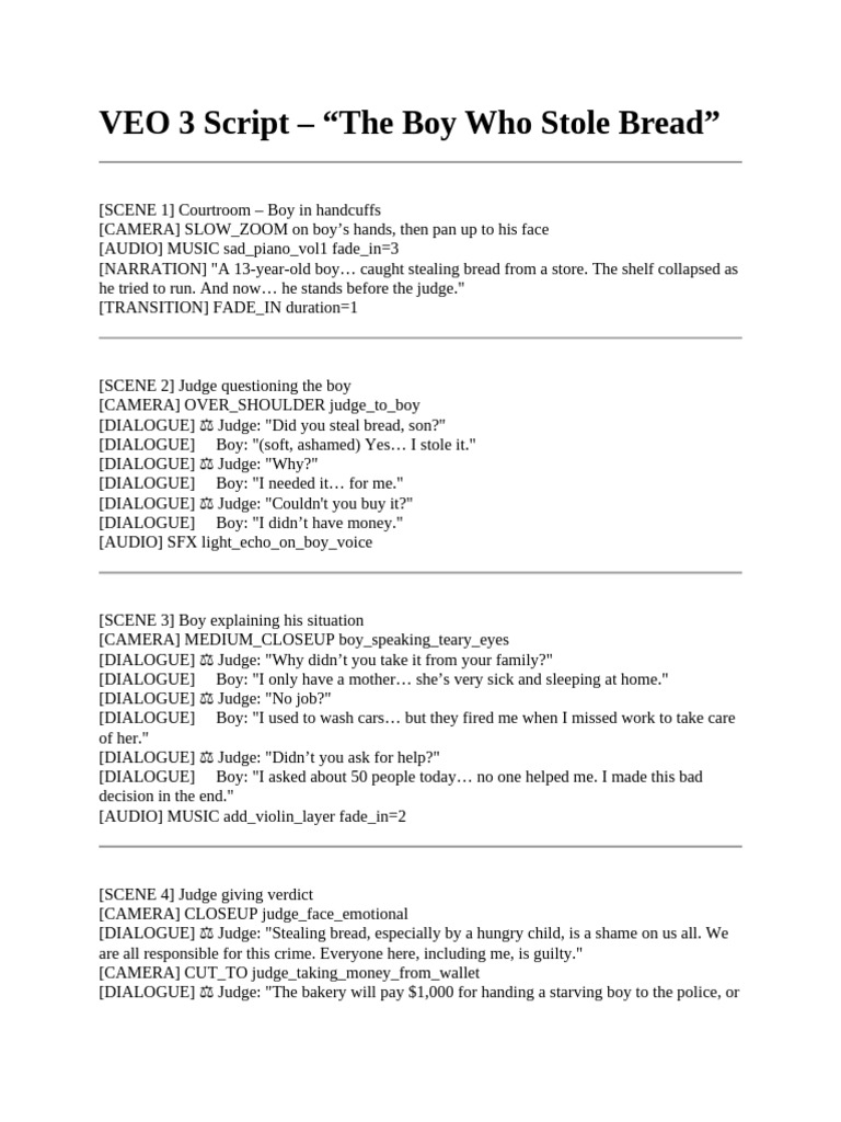VEO 3 Script: The Boy Who Stole Bread | PDF
