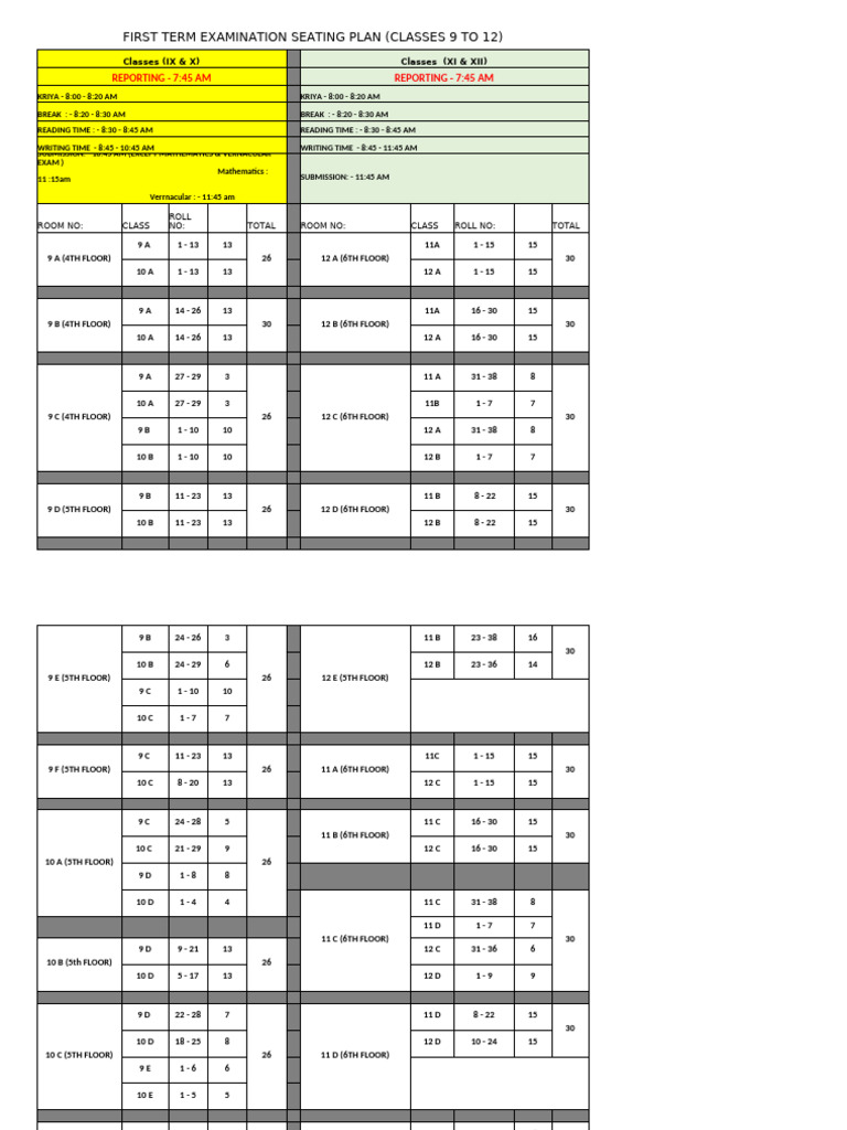 First Term Exam Seating Plan 9-12 | PDF