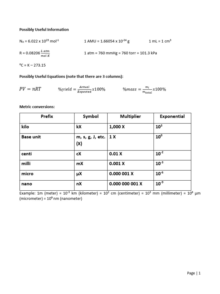 Chemistry Conversion Factors Sheet | PDF