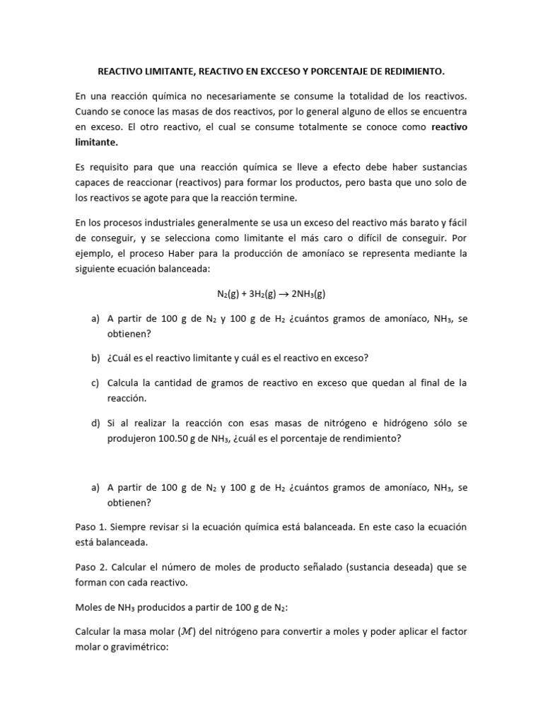 Reactivo Limitante y Rendimiento en Reacciones | PDF | Amoníaco ...