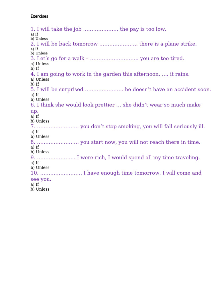 If and Unless Exercises Guide | PDF