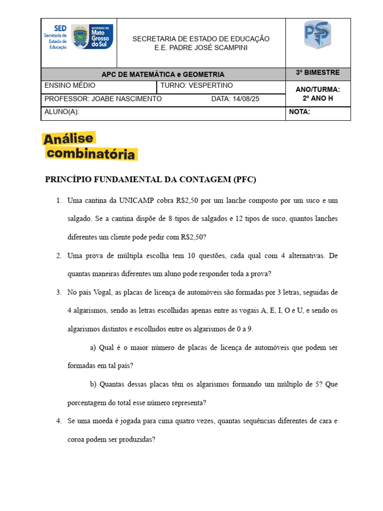 Contagem e Probabilidades em Matemática | PDF | Bandeira
