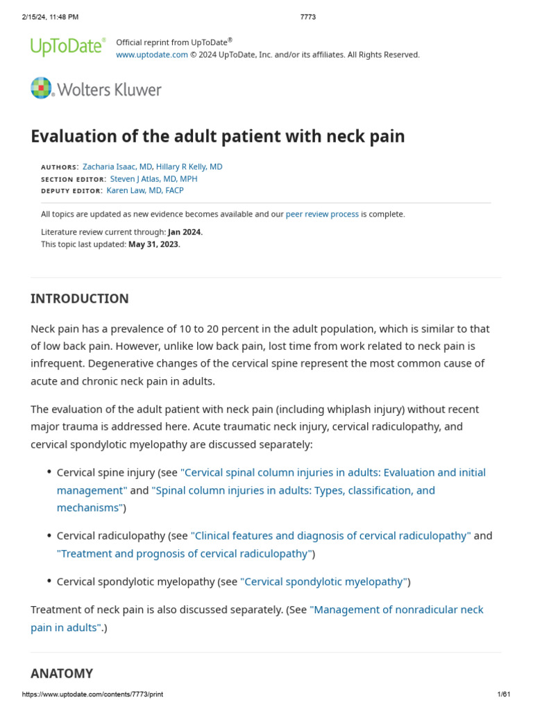 Adult Neck Pain Evaluation Guide | PDF | Human Anatomy | Diseases And ...
