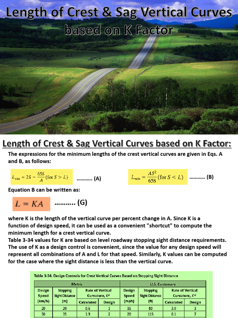 17 Length of Crest & Sag Vertical Curves Based On K Factor | PDF ...