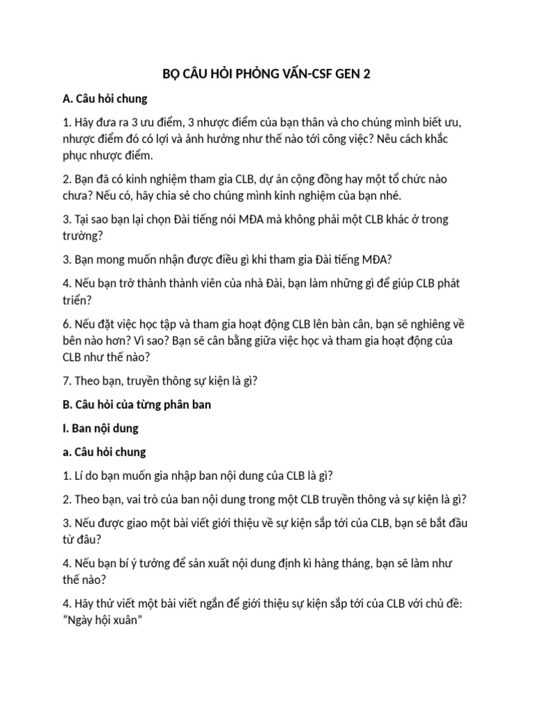 Bộ Câu Hỏi Phỏng Vấn- Csf Gen 2 | PDF