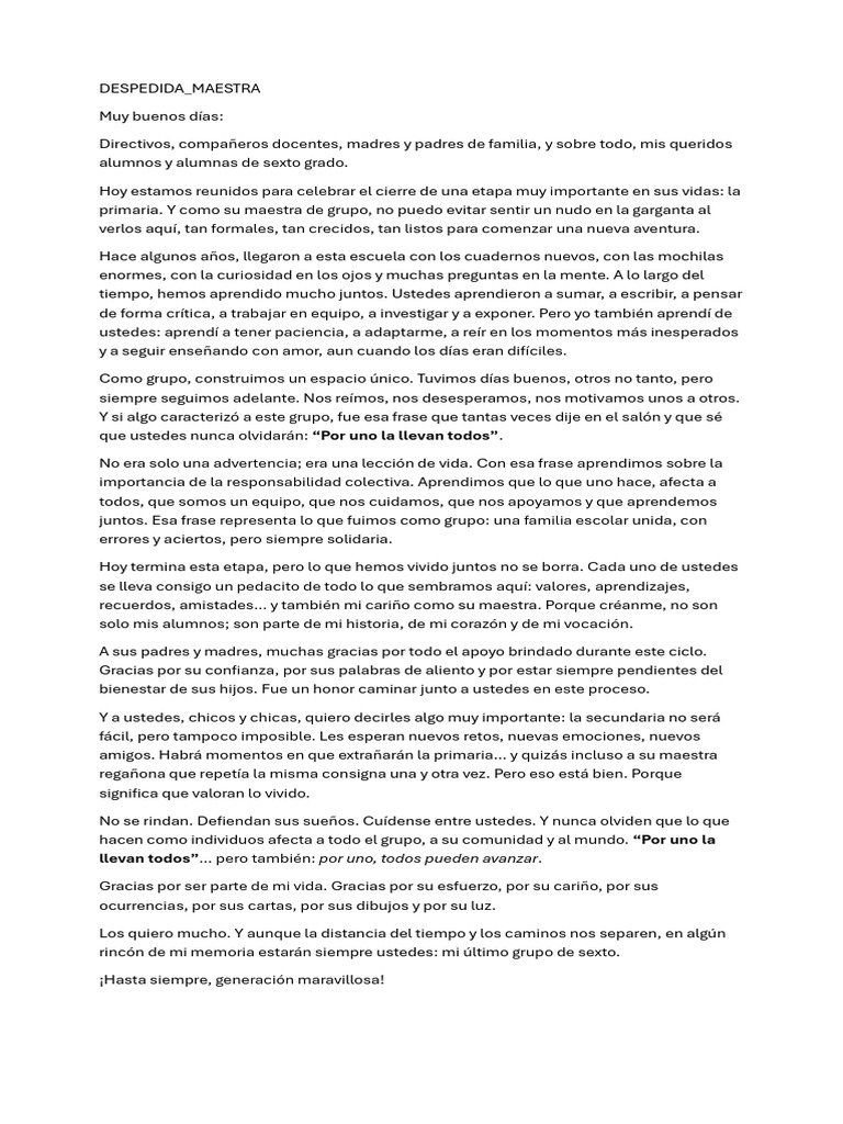 Despedida emotiva de una maestra | PDF
