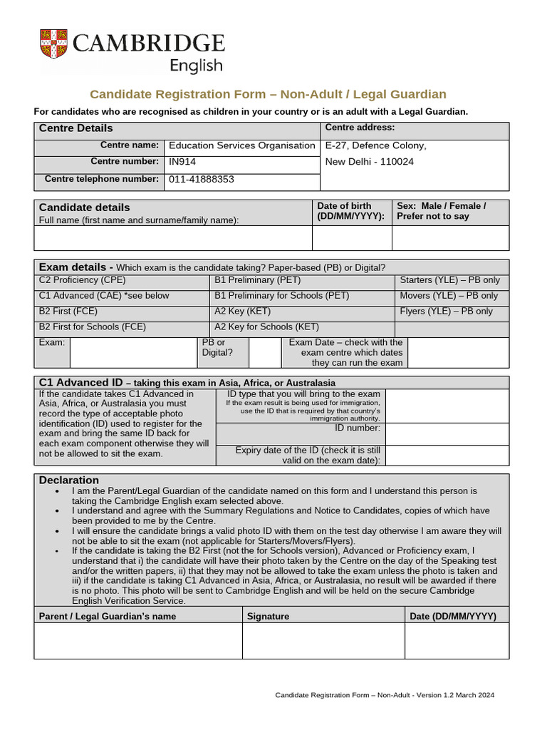 Candidate Registration Form - Non-Adult - Template v1.2 | PDF ...
