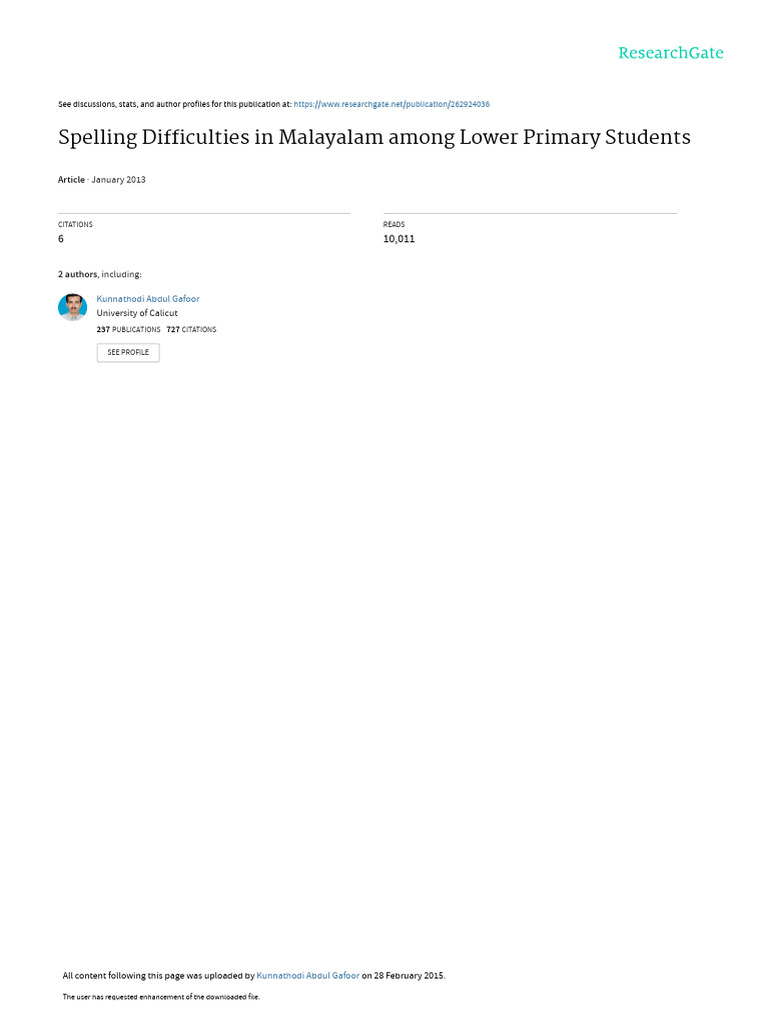 Spelling Difficulties in Malayalam Among Lower Primary Students | PDF | Vowel | Learning