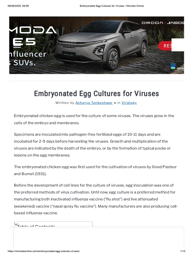 Embryonated Egg Virus Cultures Guide | PDF | Virus | Influenza Vaccine