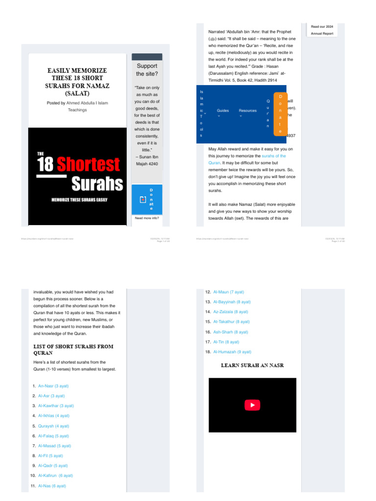 18 Short Surahs for Easy Memorization | PDF | Quran | Islam
