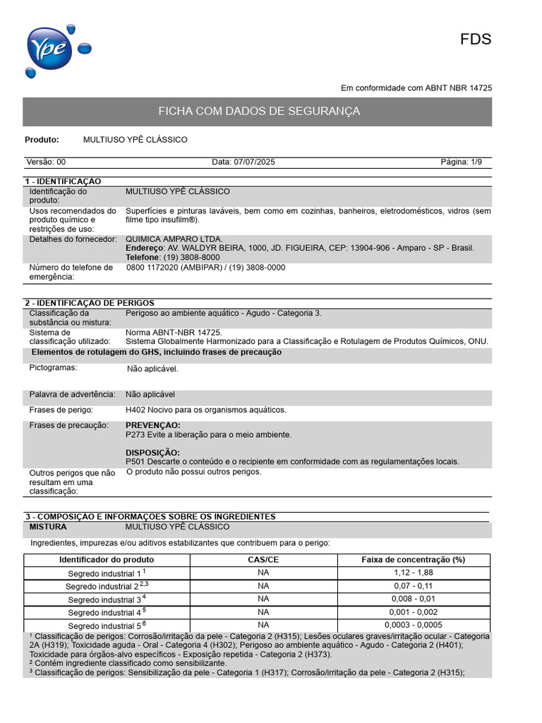 Fds - Multiuso Ypê Clássico | PDF | Toxicidade | Temperatura