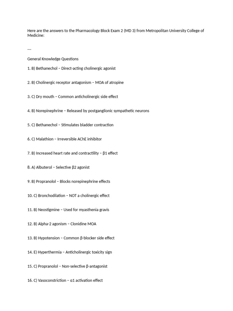 Here Are The Answers To The Pharmacology Block Exam 2 (MD 3) Fro ...