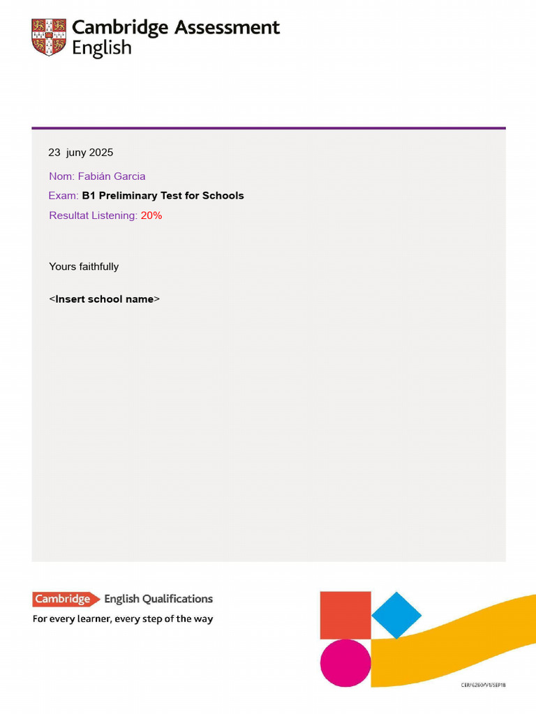 Cambridge B1 Test Results Overview | PDF