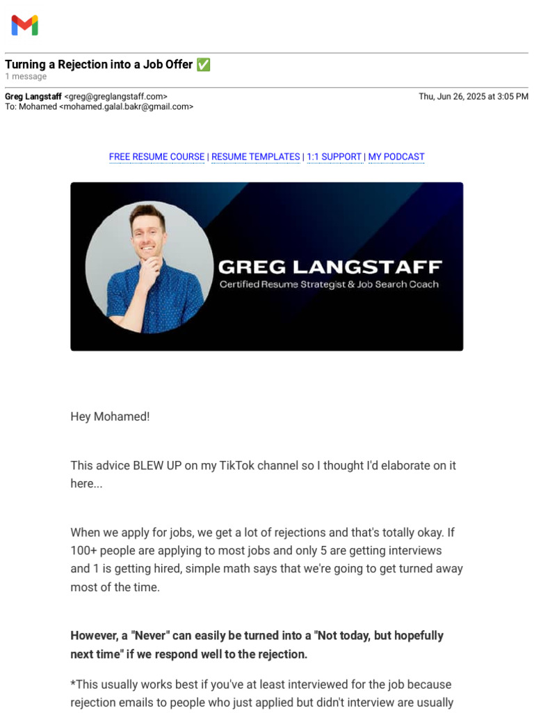 Gmail - Turning A Rejection Into A Job Offer | PDF