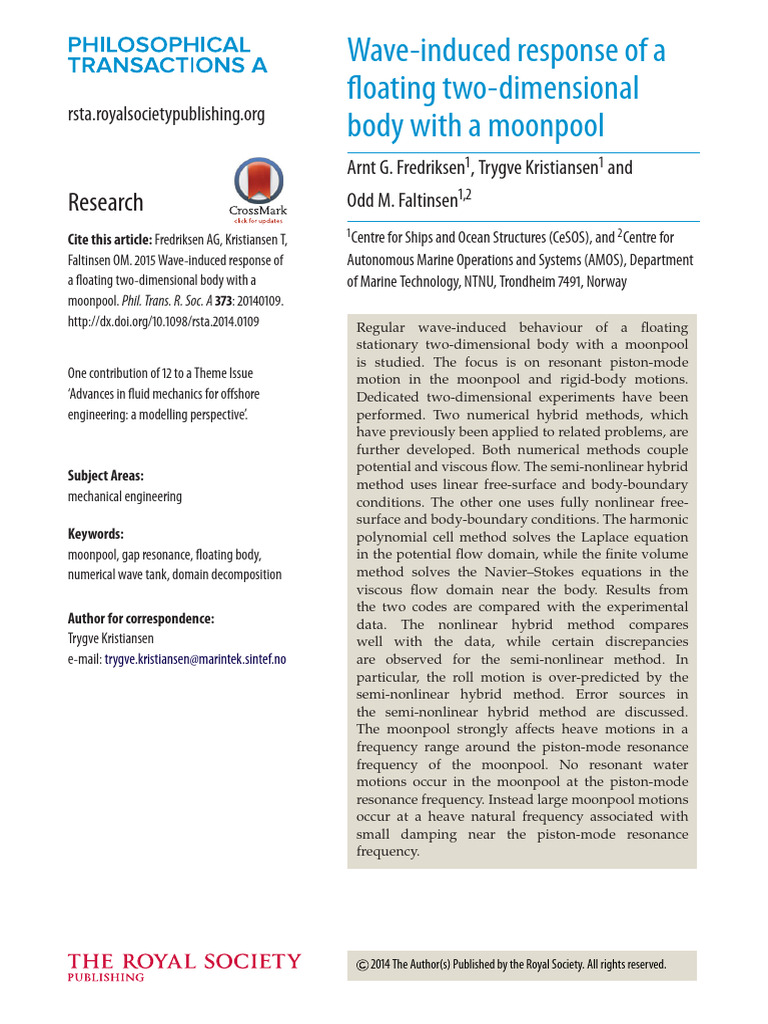 Wave-induced response of a floating two-dimensional body with a moonpool | PDF | Fluid Dynamics ...