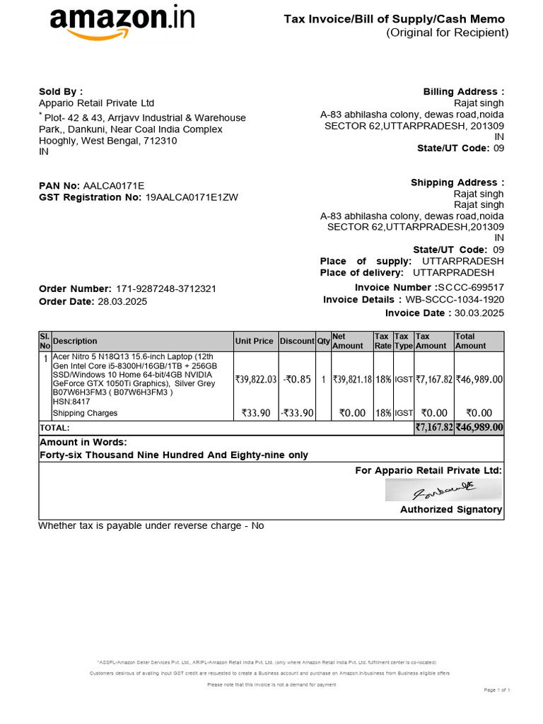 Invoice of Acer Laptop | PDF | Invoice