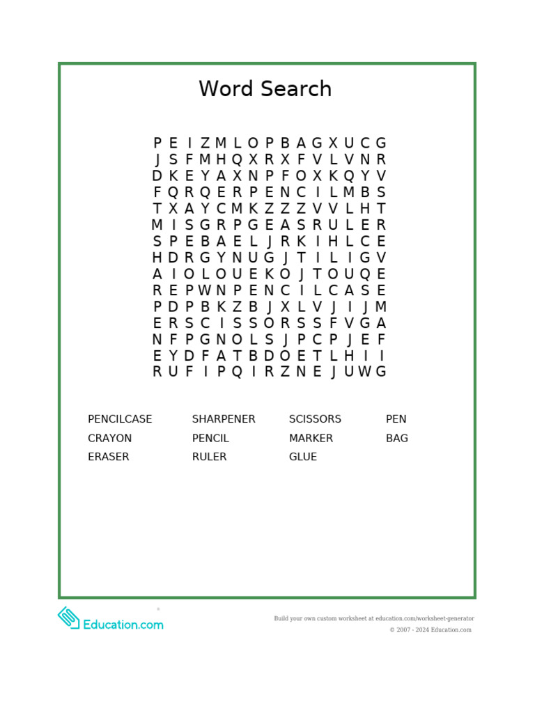 Word Search: Pencilcase Sharpener Scissors PEN Crayon Pencil Marker BAG ...