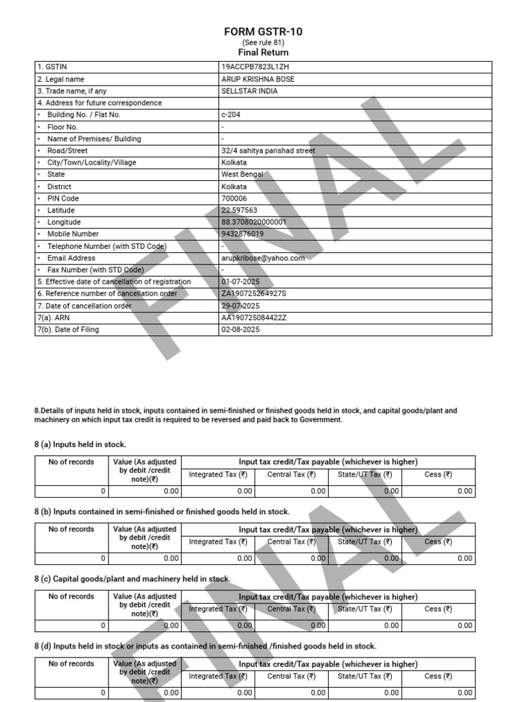 GSTR-10 Final Return Form Details | PDF | Debits And Credits | Tax Credit