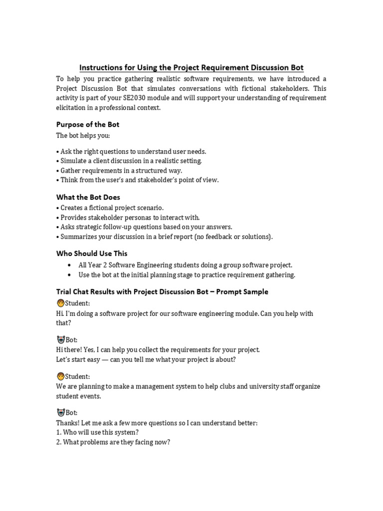 Project Requirement Discussion Bot Guide | PDF | Communication | Learning